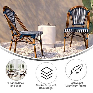 Flash Furniture Bordeaux Set of 2 Indoor/Outdoor Commercial Bistro Stack Chairs - Navy/White PE Rattan Back and Seat - Natural Bamboo Print Aluminum Frame