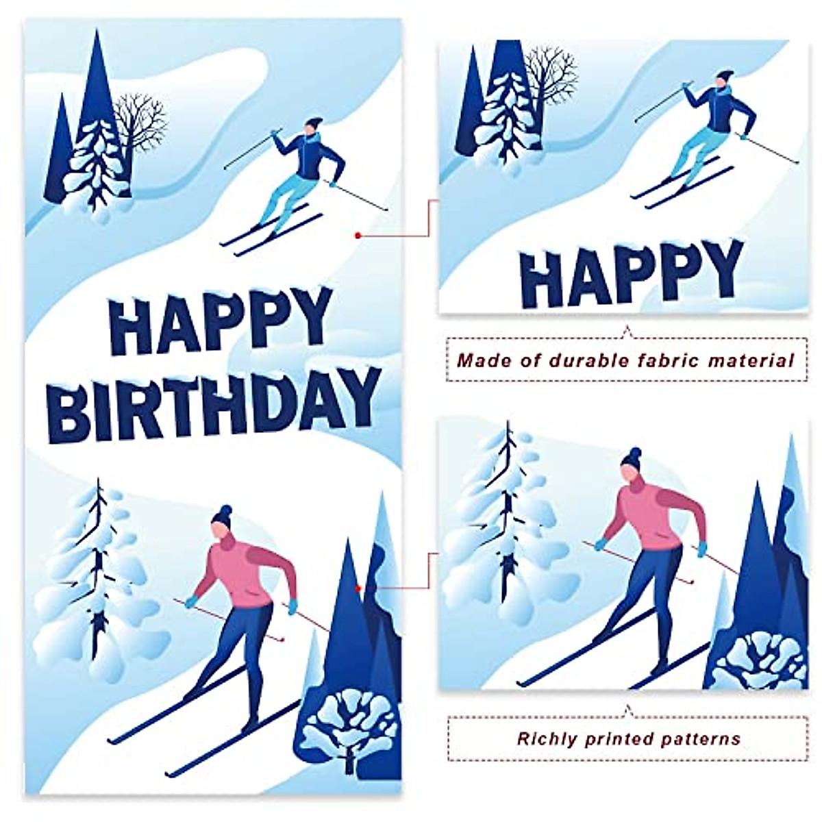 Skiing Happy Birthday Banner Backdrop Background Sports Ski Snowboards Theme Decor Decorations for Skier Winter Christmas 1st Birthday Party Baby Shower Supplies Photo Booth Props Favors