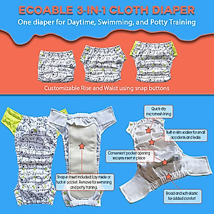 Hybrid Cloth Diaper - Reusable Training Pants, Swim Diaper, Special Needs Briefs, Fits from Baby up to 10 Years (Size 3, Whale)