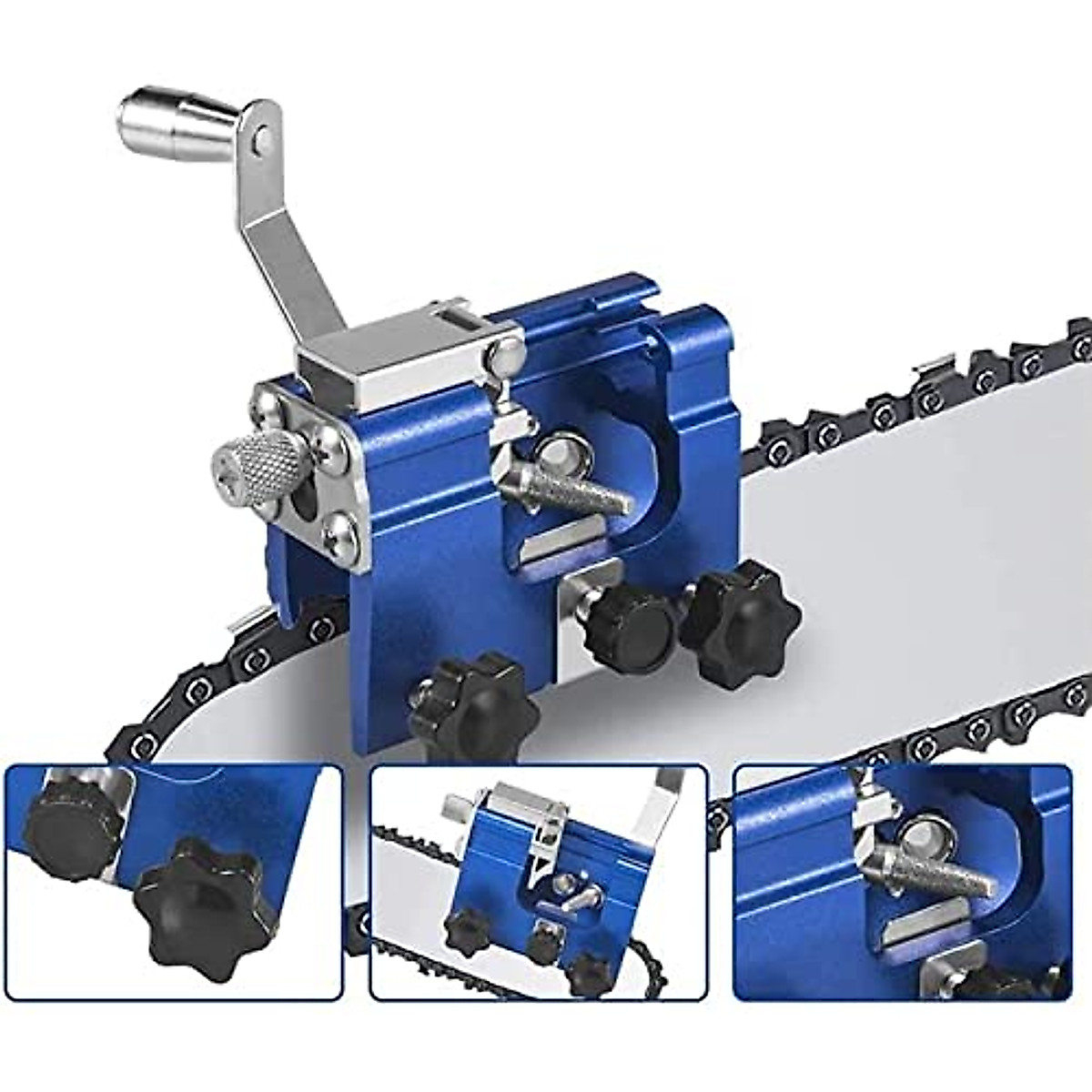 JEIKUYIA Chainsaw Sharpener, Hand-Cranked Chainsaw Sharpener Kit, Suitable for Various Chain Saws and Chainsaws, for Logging Workers, Garden Workers, with 3 Pcs Grinding Head (Large,Blue)