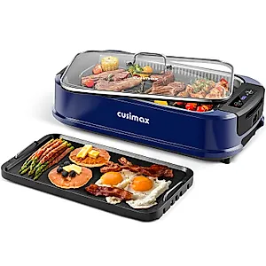 Smokeless Grill, CUSIMAX 1500W Indoor Grill, Electric Grill Griddle with LED Smart Display & Tempered Glass Lid, Portable Korean BBQ Grill, Non-stick Removable Grill & Griddle Plate