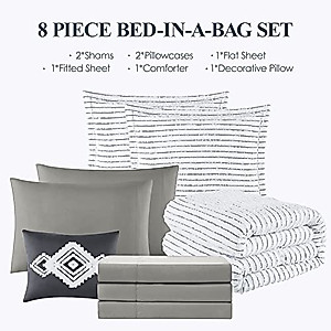 WRENSONGE Boho Queen Jacquard Comforter Set, 8 Pieces Black and White Striped Tufted Comforter Set, Microfiber Cozy Farmhouse Bedding Set with Decor Pillow, Lightweight Breathable for All Seasons