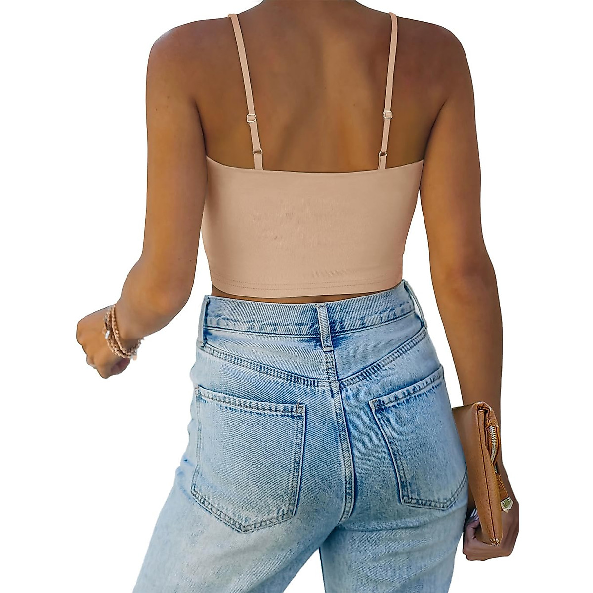 REORIA Women's Summer Sexy Casual Deep Scoop Neck Double Lined Adjustable Spaghetti Strap Cami Camisole Seamless Sleeveless Cropped Tank Top Cute Yoga Crop Tops Nude Small