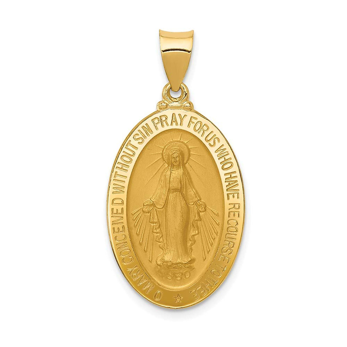Solid 14k Yellow Gold Virgin Mary Pray for Us Charm Miracle Medal Oval Pendant (33mm x 17mm)