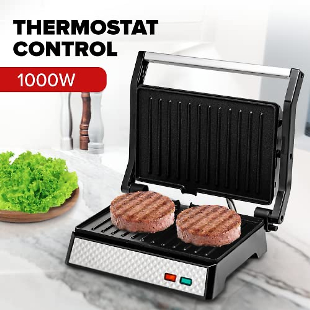 OVENTE Electric Indoor Panini Press Grill and Sandwich Maker with Non-Stick Coated Plates, Opens 180 Degrees to Fit Any Type or Size Food, Temperature Control and Removable Drip Tray, Silver GP0620BR