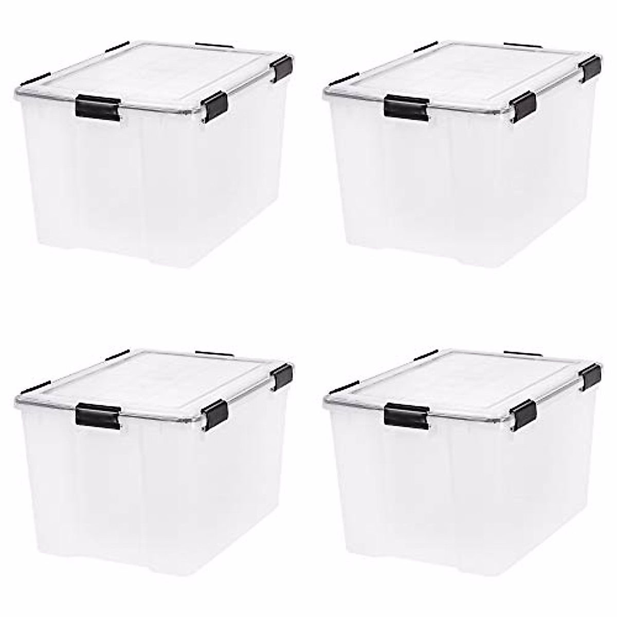 IRIS USA 110586 74 Quart Clear Plastic Weathertight Stackable Buckle Down Storage Latch Box Container for Home or Office Organization (4 Pack)