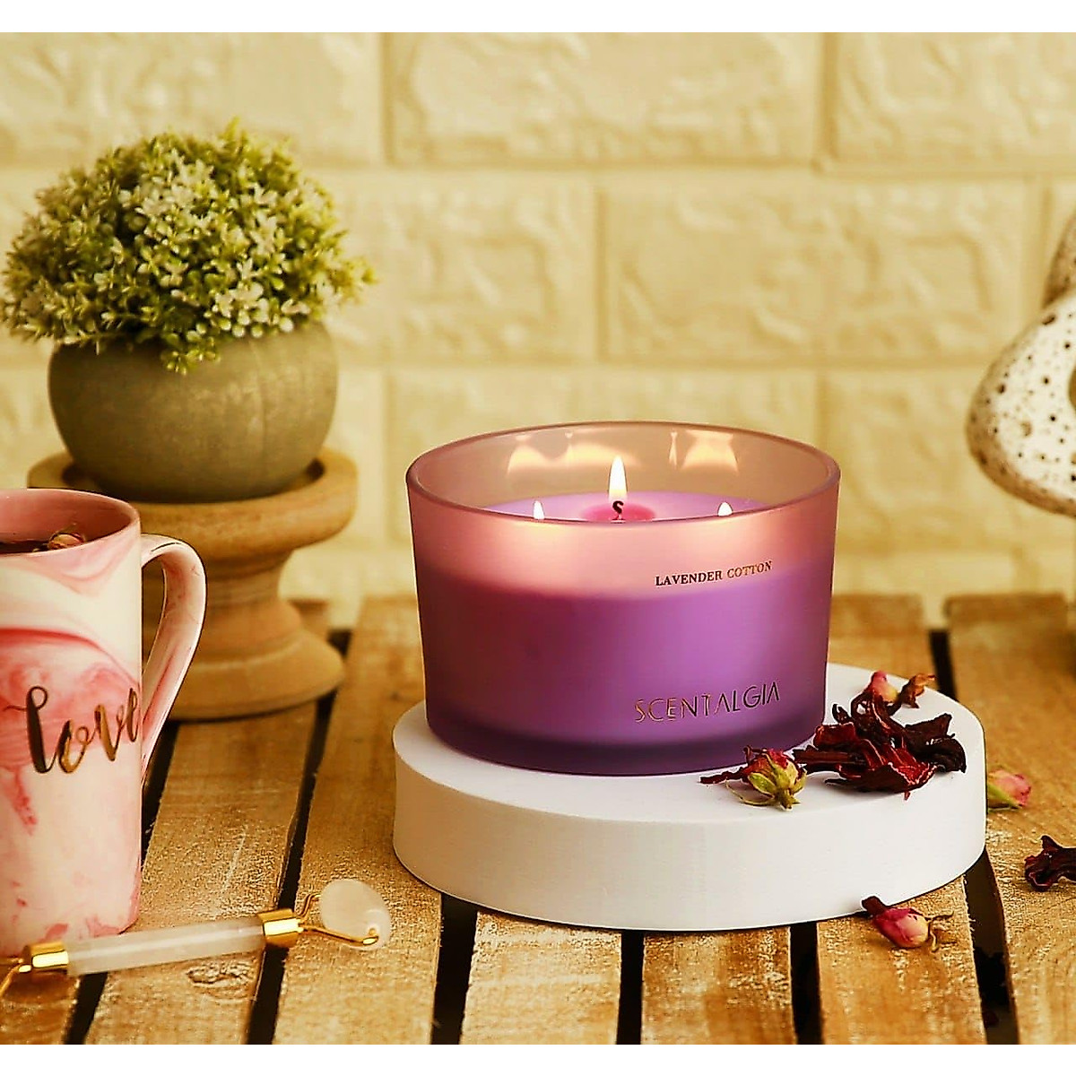SCENTALGIA Scented Soy Candle Jar with Lavender Cotton Fragrance - 3 Wick Large Candles with Long-Lasting 55 Hours Burn Time - Perfect for Home, Office, Spa, Yoga, Meditation & Gifts