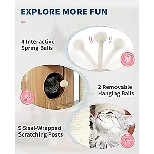 Made4Pets Modern Cat Tree for Large Cat, Wood Cat Tower Heavy Duty with Scratch Post for Indoor Big Cats, 51" Extra Tall Cat Condo Sturdy Frisco Castle with Clear Bowl for Kittens Maine Coon 20Lbs