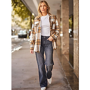 AUTOMET Womens Fall Outfits Fashion Clothes Tops Oversized Flannel Jackets Shirts Button Down Long Sleeve Shacket Blouse 2024 Apricot