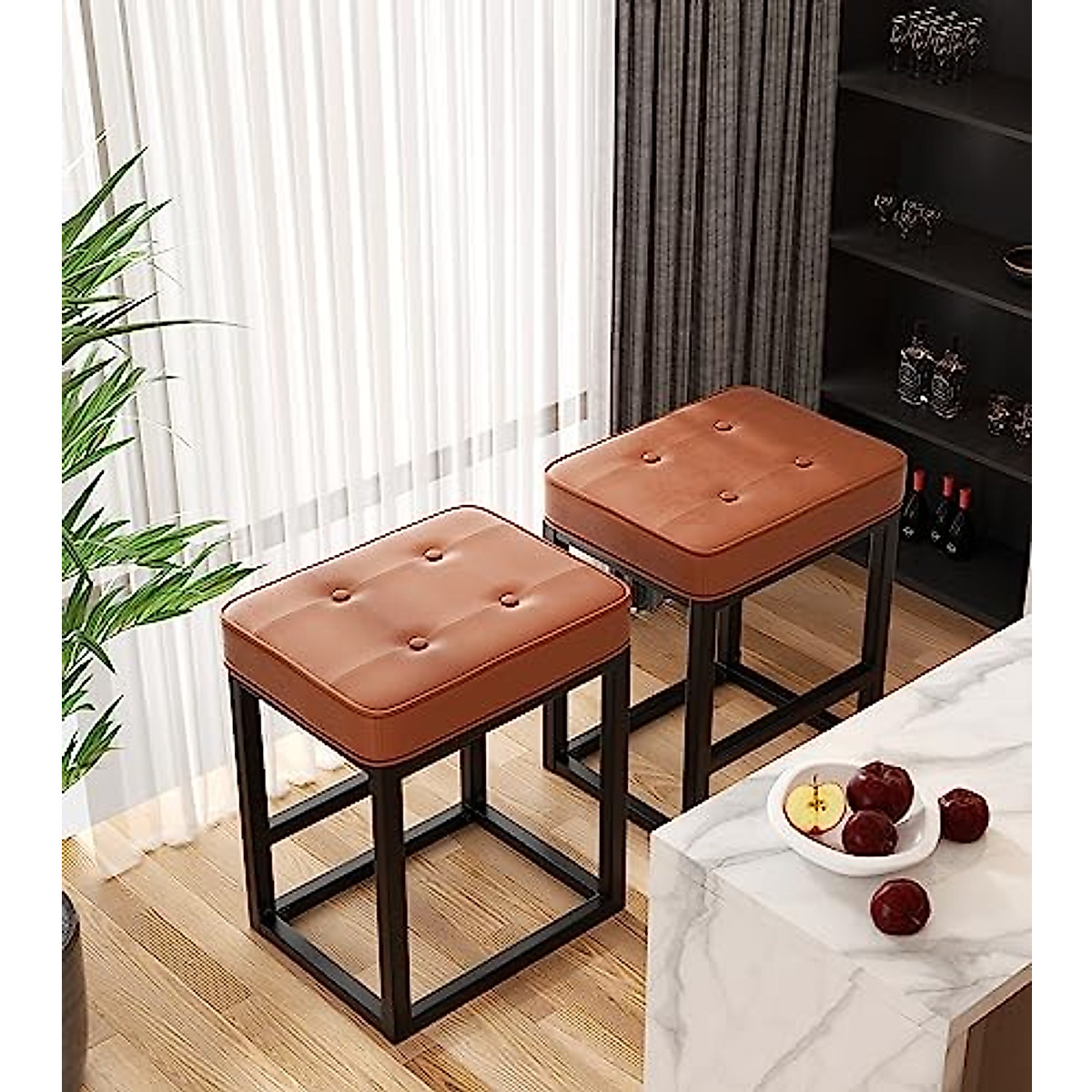 Nalupatio 24" Bar Stools Set of 2 Modern Counter Height Pu Leather Metal Backless for Kitchen Dining Cafe Stool with Footrest (Brown)