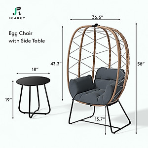 JEAREY Egg Chair with Side Table, Oversized Outdoor Indoor Lounger with 350lbs Capacity Wicker Egg Chair with Stand Cushion, Egg Basket Chair Set for Patio, Porch, Bedroom(Grey)…