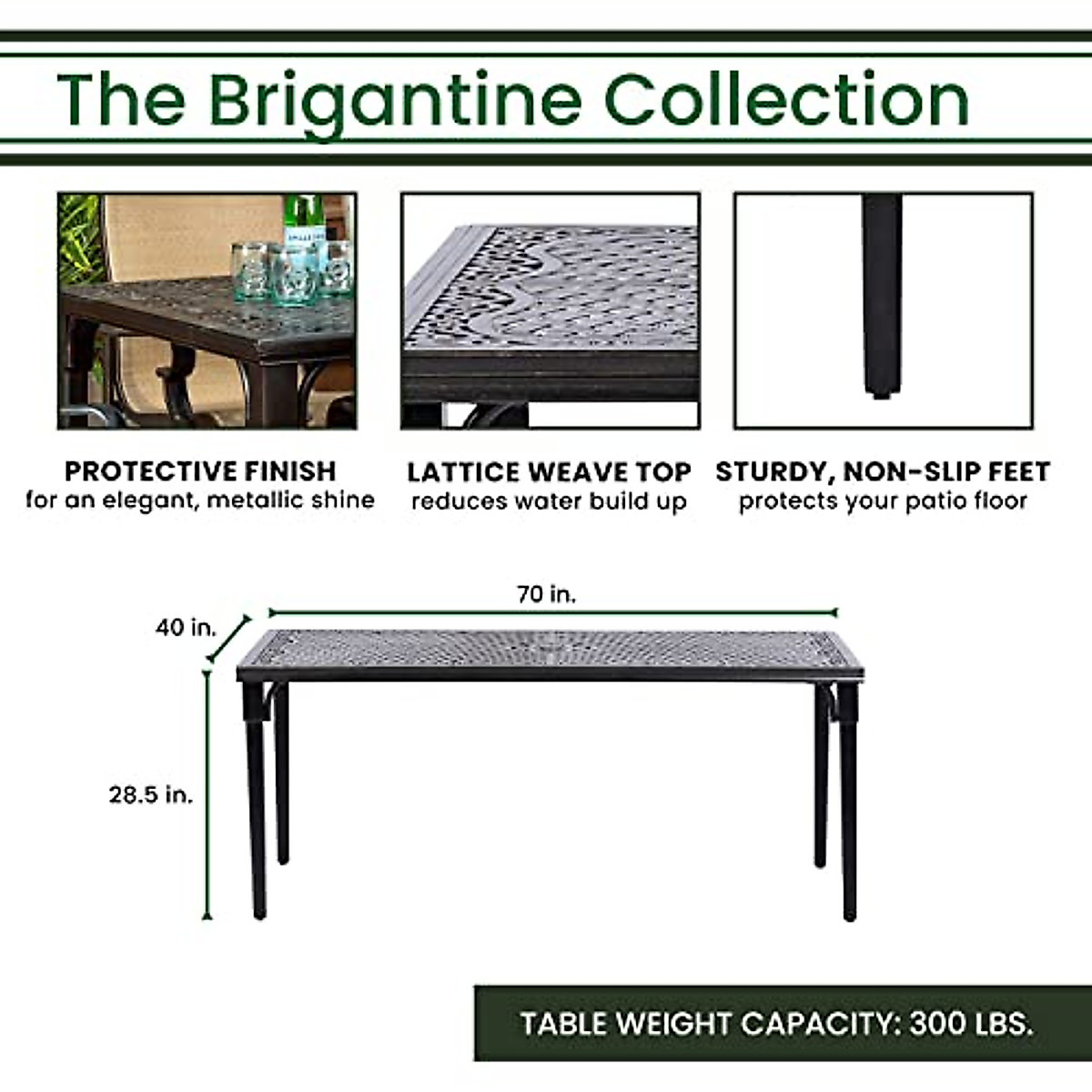 Hanover Brigatine 7-Piece Modern Patio Dining Set with 6 Quick-Dry Tan Sling Chairs and 40"x70" Square Cast-Top Table, All-Weather Outdoor Furniture Set for Backyard and Deck