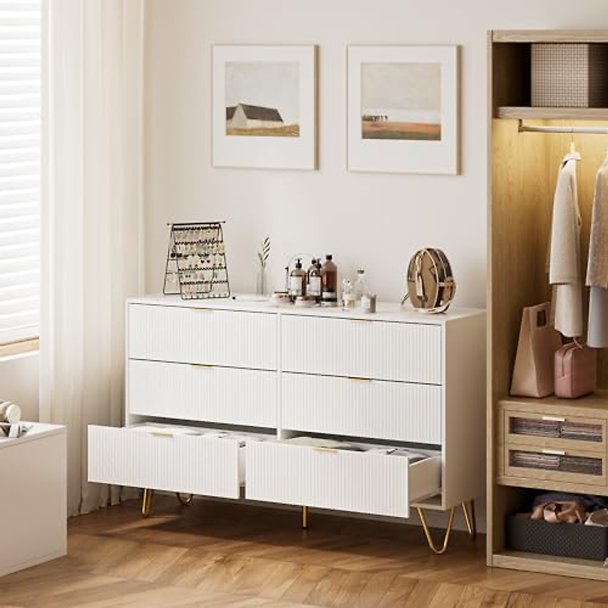 Aobafuir 6 Drawer Dresser, Drawer Chest, Tall Storage Dresser Chest Cabinet Organizer Unit with Metal Legs, Large Dresser for Bedroom, Living Room, Closet, Hallway White Stripe