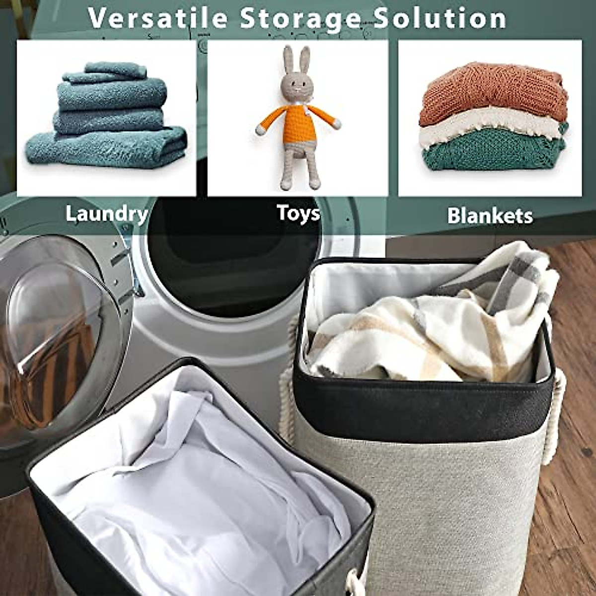 Sursay Products 2 Pack Sturdy Laundry Basket Clothes Hamper for Bathroom, Freestanding Collapsible Fabric Canvas Storage Organizer with Support Rods & Rope Handles Gray
