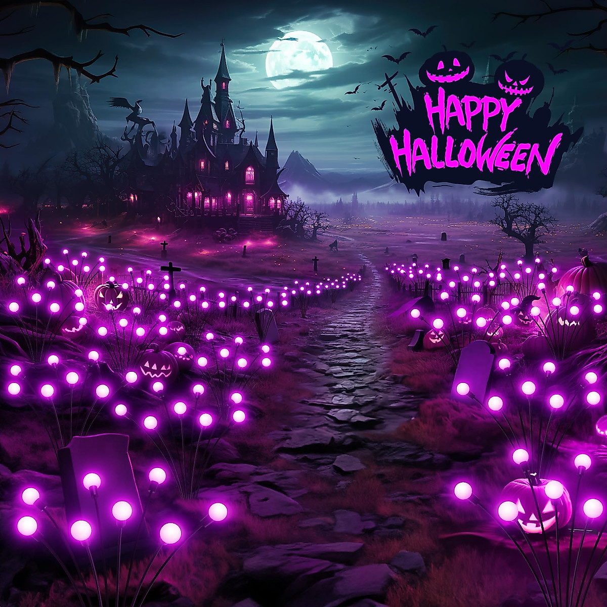 KELME Halloween Decorations Outdoor, 8 Pack 64 LED Swaying Solar Halloween Lights, Bright Firefly Garden Lights Solar Outdoor Halloween Decor Decorations for Outside Yard Pathway - Purple