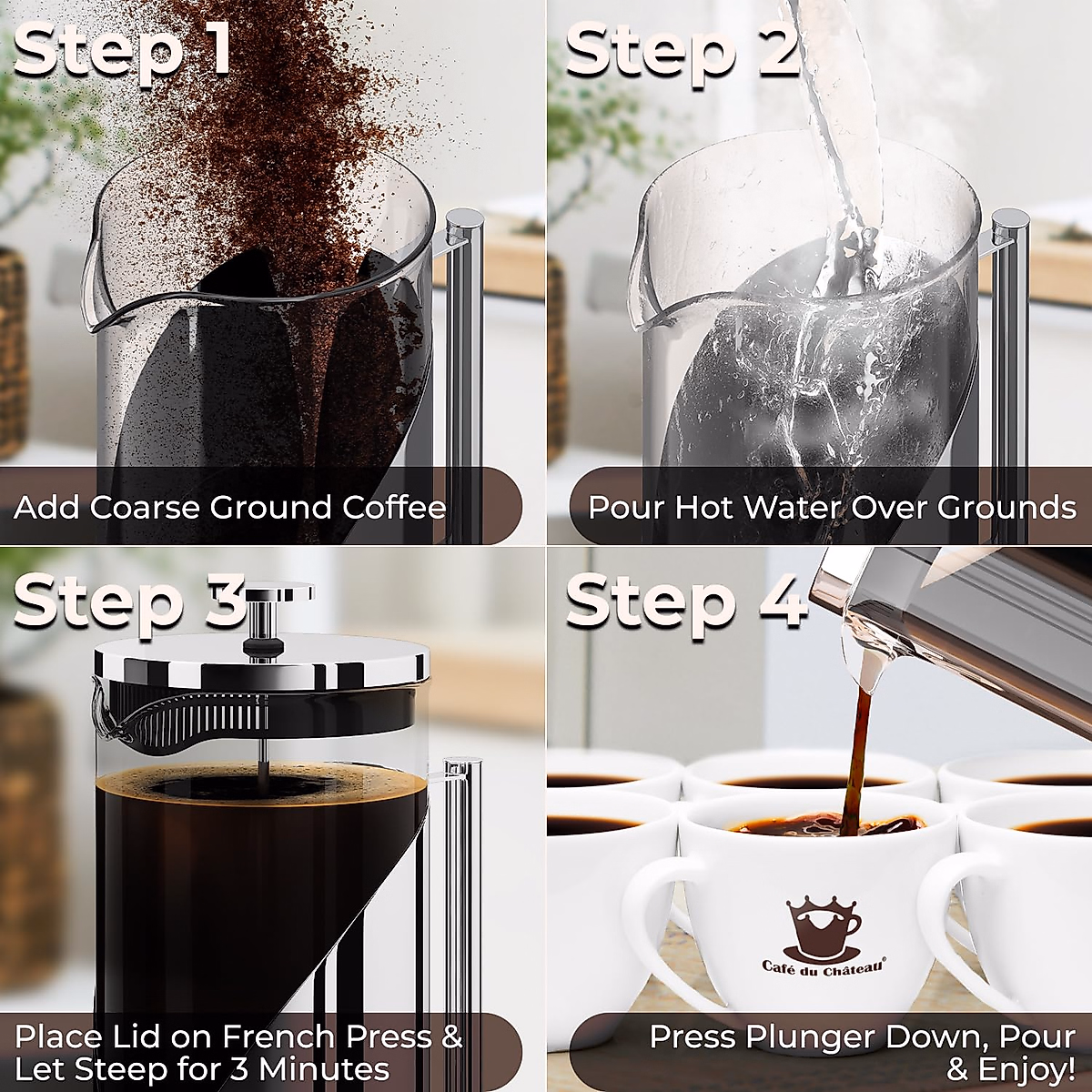 Cafe Du Chateau French Press Coffee Maker - Heat Resistant Glass with 4 Level Filtration System, Stainless Steel Housing - Brews Coffee and Tea - Large 34 Oz Carafe Coffee Presser