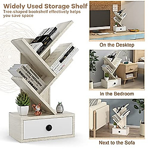Tangkula 5 Tier Tree Bookshelf with Drawer, Rustic 5 Shelf Space Saving Corner Bookcase, Retro Wooden Utility Organizer Shelves for Books/CDs/Movies, Open Display Shelf for Home Office (Beige, 5 Tier)