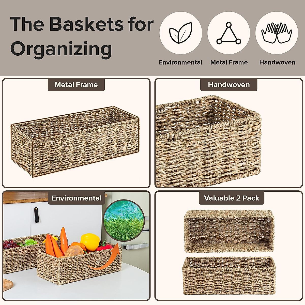 OEHID Small Wicker Baskets 2 Pack, Hand Woven Toilet Basket Tank Topper, Toilet Tank Basket for Bathroom Organizing, Seagrass Storage Baskets for Toilet Paper (14.4"Lx6.1"Wx4.4"H)