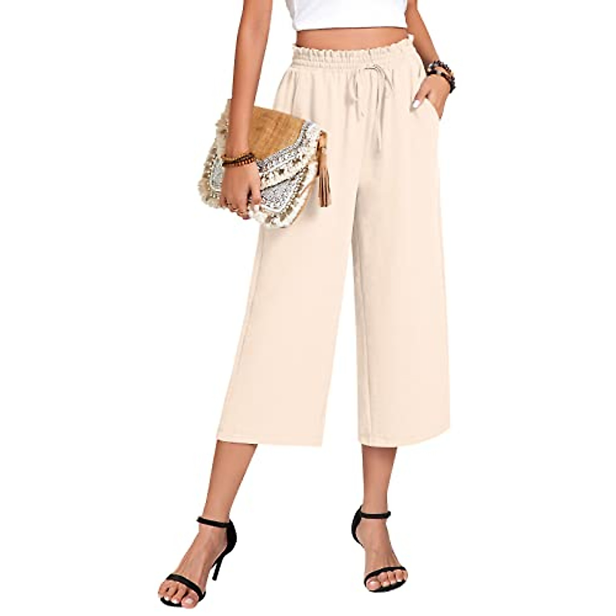 Anyhold Womens Capri Pants Loose High Waisted Wide Leg Lounge Pants Drawstring Casual Palazzo Trousers with Pockets X-Large, Beige