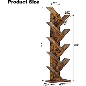 Function Home 9 Tier Tree Bookshelf, Modern Tall Geometric Bookcase, Freestanding Book Shelf, Wood Floor Storage Shelf for Living Room, Bedroom, Home Office,Rustic Brown