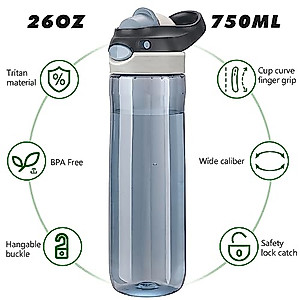 LONG SENG Sports Water Bottle 26 OZ, Grey Leak Proof Wide Mouth Water Bottles BPA-Free Simple Plastic Water Bottle Odorless Light and Portable Easy Clean Water Bottles For Adults Man Woman