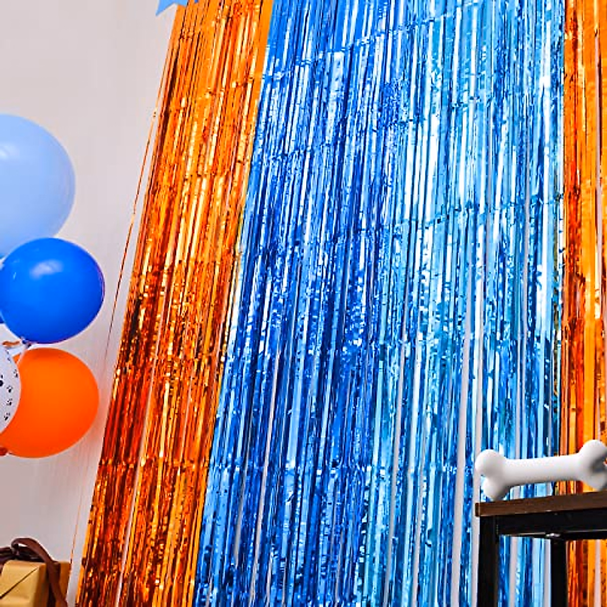LOLStar Blue Dog Foil Fringe Curtains, Blue Dog Birthday Party Supplies, 2 Packs of 3.3x6.6 ft Orange Blue and Light Blue Tinsel Photo Booth Prop, Streamer Backdrop for Blue Dog Theme Party Decoration