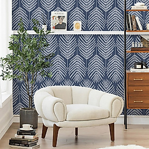 Fititem Blue Wallpaper Peel and Stick Wallpaper 393”×17.3” Coastal Modern Boho Contact Paper for Cabinet Dark Blue Leaf Wallpaper for Bedroom Removable Self-Adhesive Waterproof Wallpaper for Bathroom