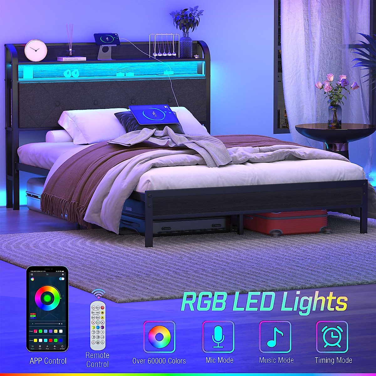 Ptsyz Bed Frame Full Size with Charging Station and LED Lights,Upholstered Headboard with Storage Shelves（Dark Grey），Noise Free，Easy Assembly，No Box Spring Needed，Sturdy and Durable.