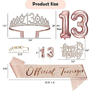 8pcs 13 Birthday Decorations for Girls, Including 13th Happy Birthday Cake Toppers, Birthday Queen Sash with Pearl Pin, Sweet Rhinestone Tiara Crown, Number Candles and Balloons Set, Rose Gold