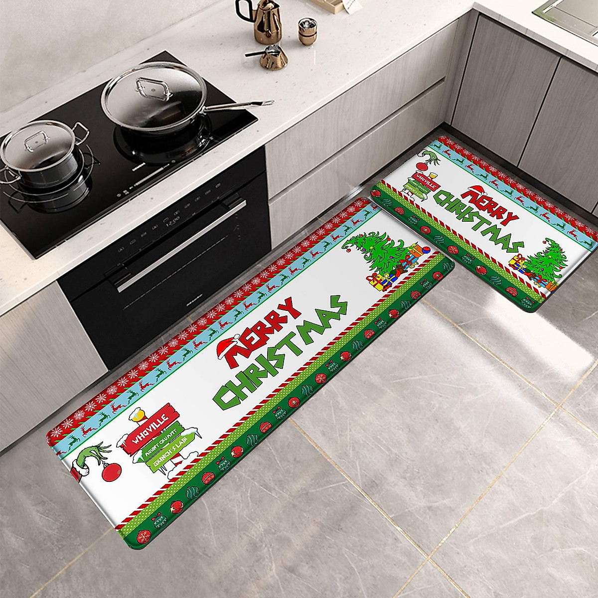 Moladika Merry Christmas Kitchen Mats Set of 2 Grinchmas Kitchen Mats for Floor Winter Xmas Tree Red and Green Cushioned Anti-Fatigue Floor Mats