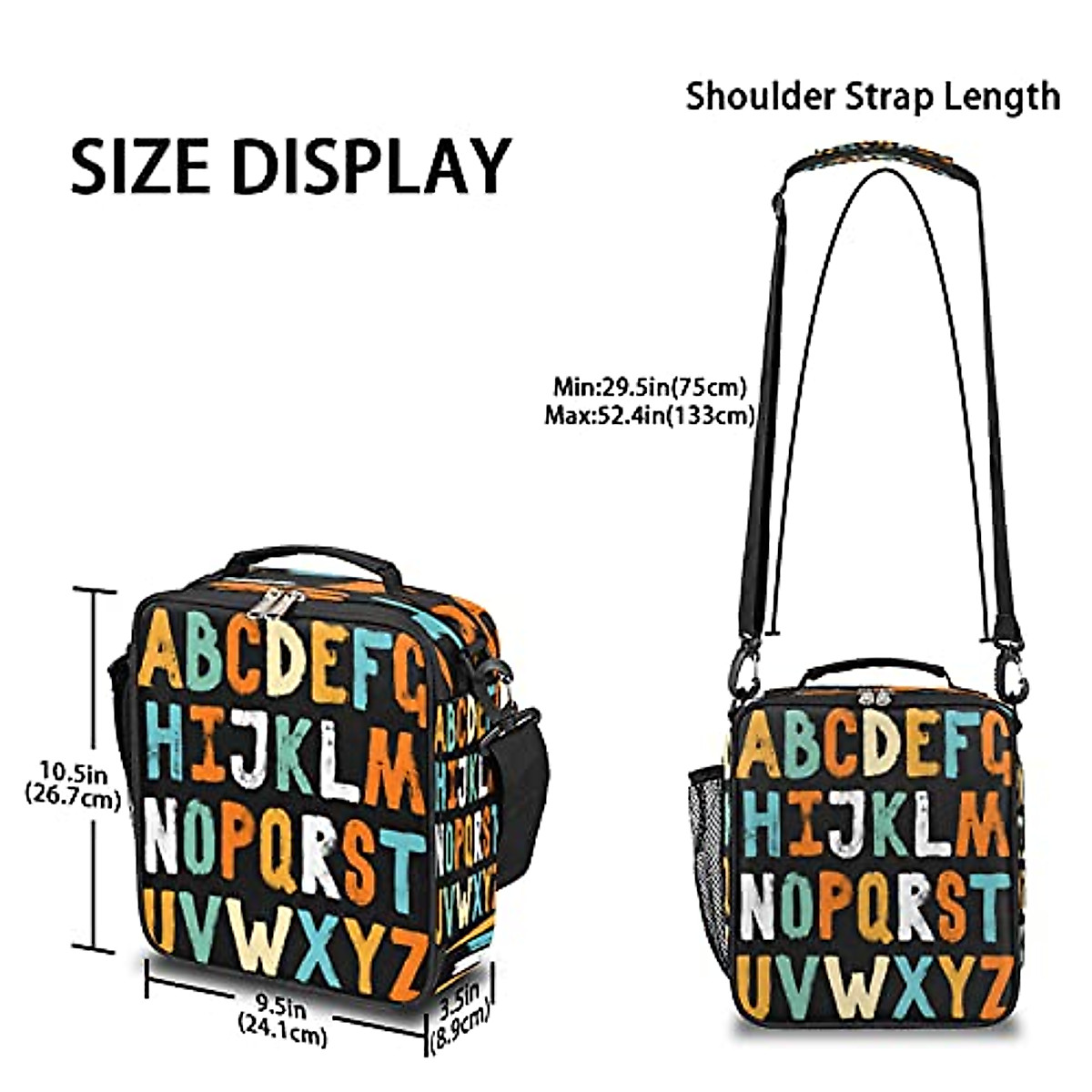 Alphabet Theme Lunch Box for Boys Girls, English Letter Insulated Lunch Bag Reusable Meal Prep Thermal Cooler Tote Bag Waterproof Leakproof Lunch Bag with Shoulder Strap for School Picnic Beach Hiking