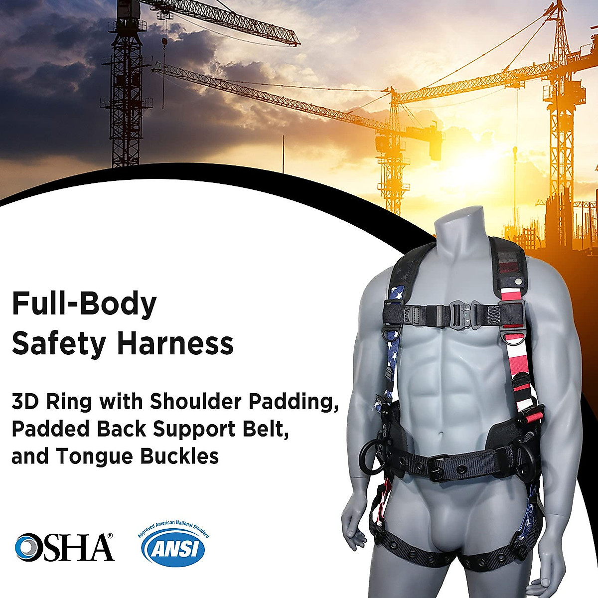 AFP Fall Protection Full-Body Premium American Flag Safety Harness, Vented & Padded Shoulder, Legs & Back, 8” Thick Back Support Belt, Aluminum D-Rings, Tongue Buckle, Quick Release (OSHA/ANSI PPE)
