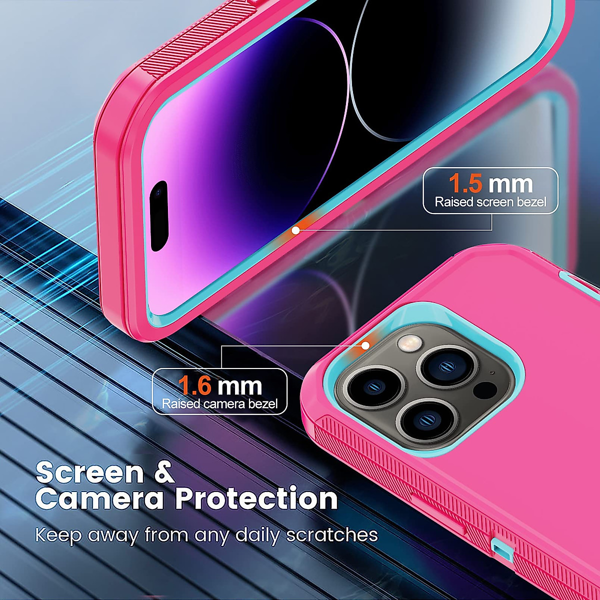 Annymall for iPhone 14 Pro Max Case with 2 Screen Protector, Heavy Duty Shockproof Drop Proof Military Rugged 3-Layer Tough Durable Protective Cover for Apple iPhone 14 Pro Max 6.7" (Pink/Blue)