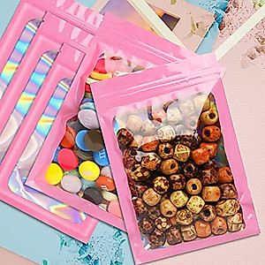 Funfery 100 pcs Pink Mylar Holographic Bags Packaging Bags,Clear Seal Resealable Smell Proof Bags Foil Pouch Bags for Food Storage and Lipgloss,Jewelry,Eyelash Packaging for Small Business(3x4.7In)