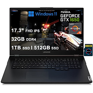 Lenovo Legion 5 17 Premium Gaming Laptop I 17.3" FHD IPS I AMD 6-Core Ryzen 5 5600H(>i5-10400H) I 32GB DDR4 1TB SSD + 512GB SSD I GeForce GTX 1650 4GB I Backlit USB-C Win11 + 32GB MicroSD Card