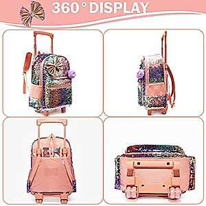 Bowknot Rolling Backpack for Girls Roller Backpacks with Wheels Kids Wheeled Sequin Suitcase Trolley Trip Luggage for Elementary School Student with Lunch Box Pencil Case for Kids 5-12 Years Old
