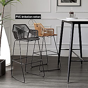 MMQQ Beige Bar Chairs Outdoor Patio Wicker Rattan Barstools Chair with Footrest & Back, Counter Height Kitchen Stools with Black Metal Leg, for Kitchen/Pub/Café