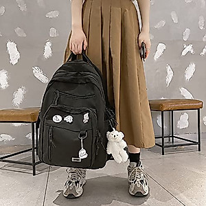 Aesthetic Backpack for School, Teen Girls Preppy Backpack, Fashion Big Student School Bags, Multi Pocket Canvas Backpack (Black)