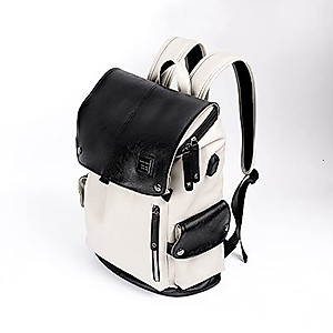 HUANGGUOSHU Women Travel Laptop Backpack Men's Business leather Casual Multipurpose Backpack School Bag With USB Charging Port (Off White)