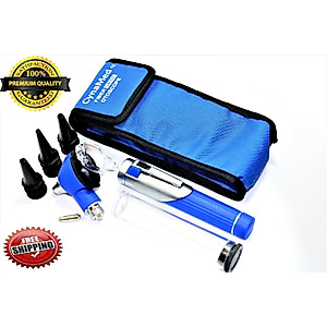 Premium Student Home USE LED Bright Light ENT Diagnostic Otoscope Pocket Size Blue Plus Aligator Ear Nose Forceps Plus 1 Extra Replacement Bulb Plus 10 Specula Cynamed