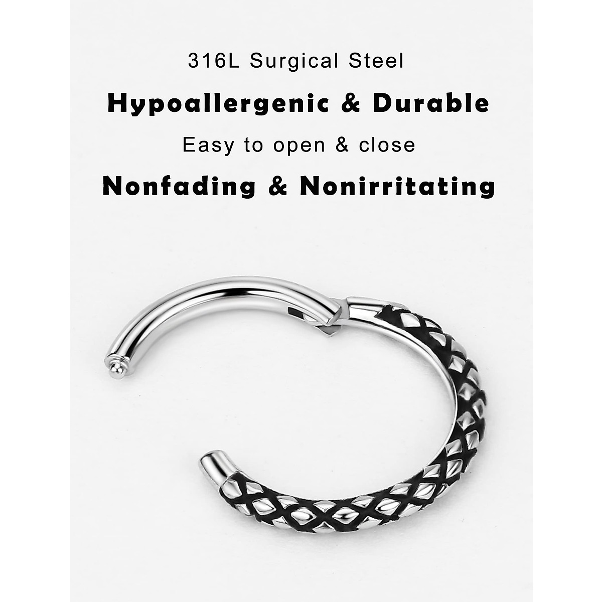 8mm Silver 316L Surgical Steel Septum Rings Nose Piercing Ring Black Hinged Nose Rings Hoop Cartilage Earring Lobe Tragus Daith Rook Helix Piercing Jewelry 16 Gauge Septum Clicker Lip Rings Snakeskin