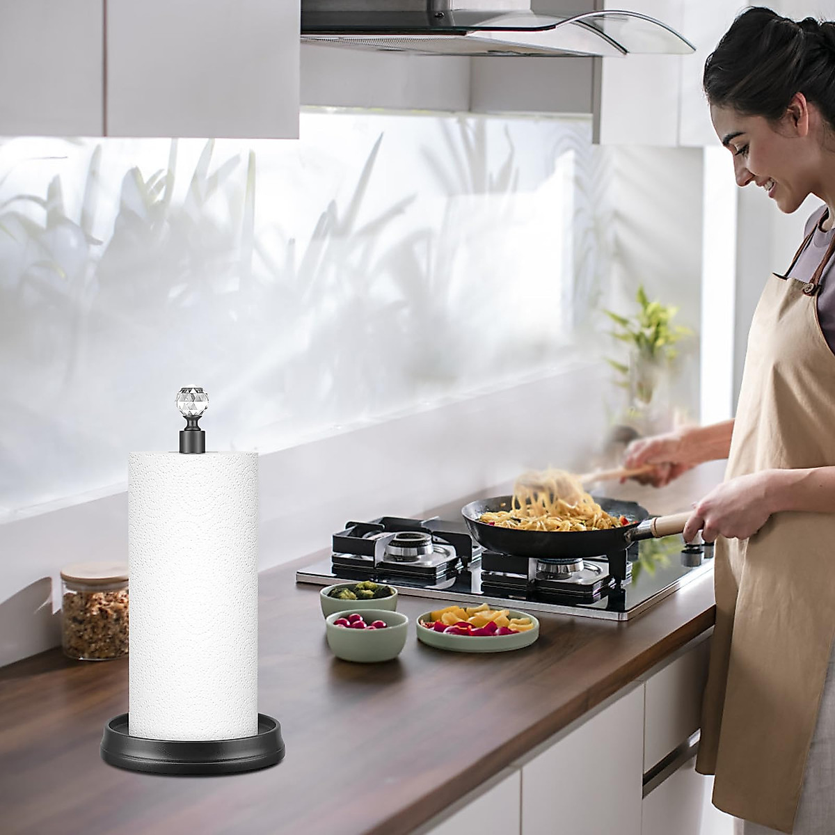 KASUNTO Paper Towel Holder (with Crystal Head) Steel Paper Towel Holder countertop，Black Paper Towel Holder for Kitchen Countertops, Bars & Dining Tables,Fits Standard & Jumbo Rolls,Matte Black