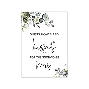 InvitationHouse Boho Greenery How Many Kisses for the Mrs, Bridal Shower Game (48 Cards + 1 Sign)