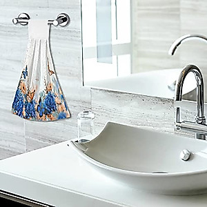 Butterflies Hanging Kitchen Towels Blue Flowers Floral Hand Towel 2PCS Dish Cloth Tie Towel Absorbent Oven Stove Washcloth with Loop for Bathroom Home Decorative