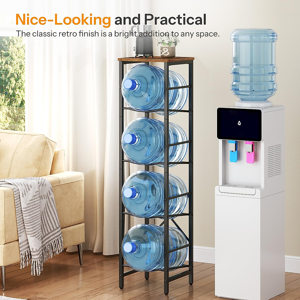 HOOBRO Water Jug Rack, Water Bottle Holder, 5 Gallon Water Jug Rack, 4-Tier Water Bottle Stand, Water Jug Stand, for Kitchen, Living Room, Office, Rustic Brown and Black BF02ST01