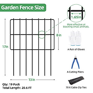 19 Pack Garden Animal Barrier Fence, 1.65inch Spike Spacing No Dig Fence, Reusable Rustproof Metal Fence Border, Dogs Rabbits Blocker Fence for Outdoor Yard, Total 20.6ft(L) x 17inch(H)