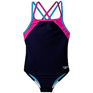 Speedo Girl's Swimsuit One Piece Solid Cross Back Multi Straps Navy, 16