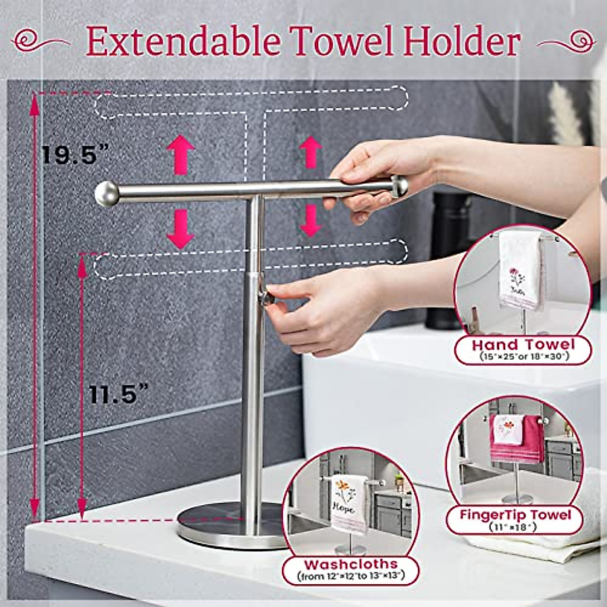 Counter Towel Holder for Bathroom - Extends 11.5” to 19.5” Stainless Steel 304 Fingertip Towel Holder, Anti-Rust Kitchen Countertop Towel Stand, Adjustable Hand Towel Holder Stand for Bathroom