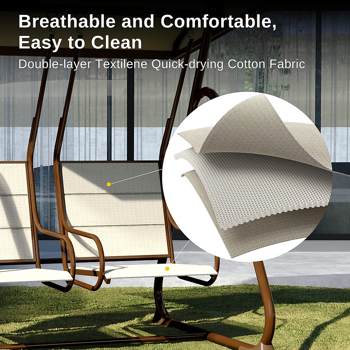 EAST OAK 2-Person Outdoor Patio Swing Chair with Adjustable Canopy, Porch Swing with Comfortable and Breathable Seats, Independent Swing Chairs for Garden, Balcony, Backyard, Chestnut Brown