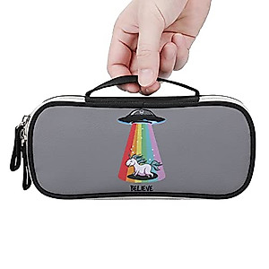 Believe in Unicorn UFO PU Leather Pen Pencil Bag Organizer Portable Makeup Carry Case Storage Handbag